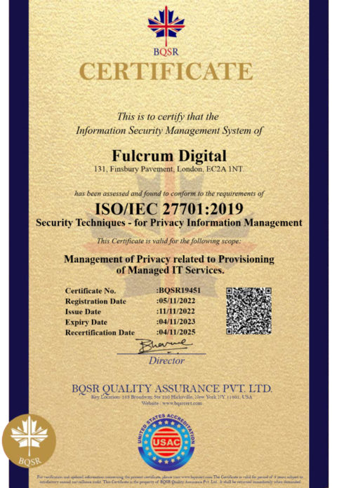 Fulcrum Digital receives accredited ISO/IEC 27701 certification